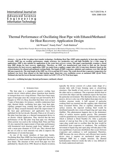Pdf Thermal Performance Of Oscillating Heat Pipe With Ethanolmethanol For Heat Recovery