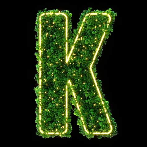 3d 알파벳 문자 K 녹색 식물 빛나는 네온 잎 잔디 이끼 바질 민트 클리핑 패스 3d 일러스트와 함께 검은 배경에 고립