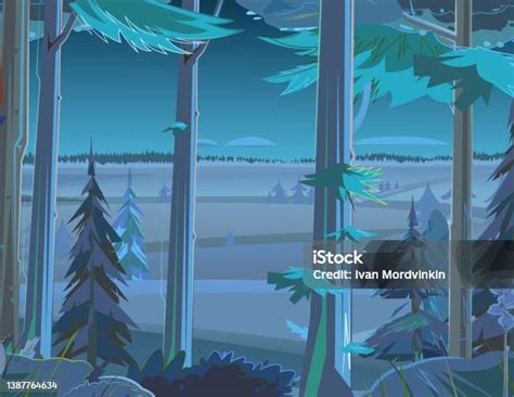 해질녘 에 잠수 숲에 나무와 전나무 나무가있는 밤 풍경 시골 정원 필드와 초원 언덕 어두운 여름 장면 만화 스타일의 평면 디자인에 그림 벡터 0명에 대한 스톡 벡터 아트 및