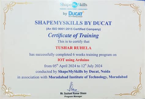 Completed 6 Week Training Program On Iot Using Arduino Tushar Ruhela