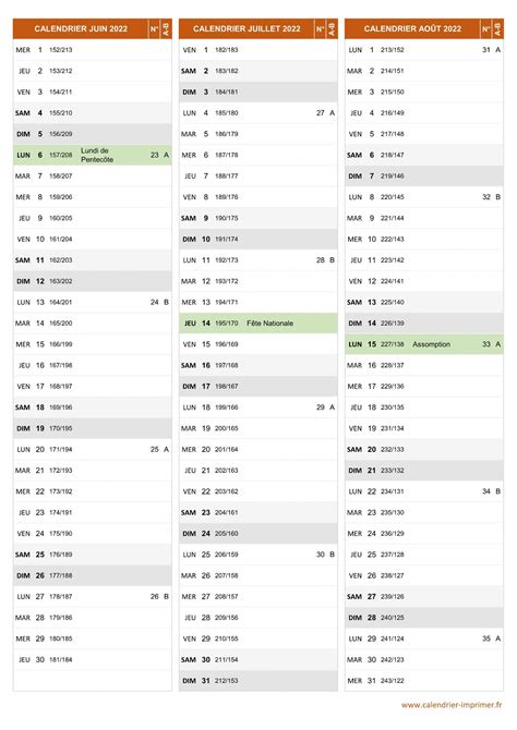 Calendrier Juin à Août 2022