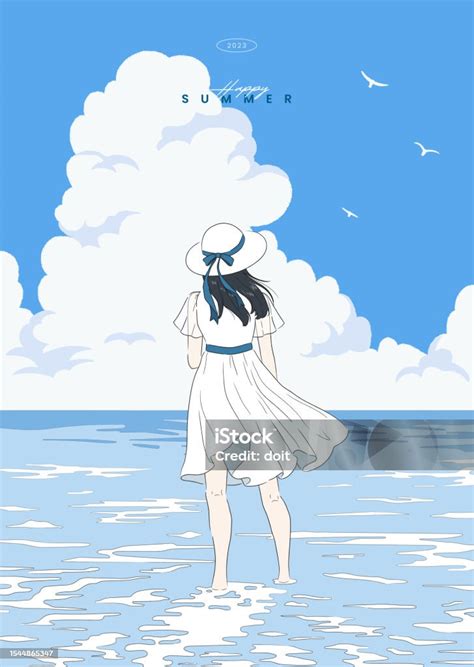 여름 하늘을 바라보며 바다에 서 있는 아름다운 여자 소녀 애니메이션 일본 만화 만화 캐릭터 휴일 여행 휴가 포스터 카드 손으로 그린 스타일 벡터 디자인 라인 그림입니다 만화