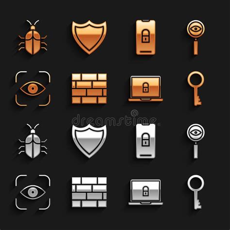 Set Bricks Magnifying Glass Search Old Key Laptop And Lock Eye Scan Mobile With Closed