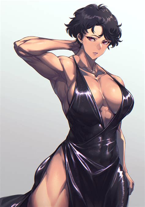 rule 34 1girls abs abs visible through clothing armpits arms up biceps big breasts black dress