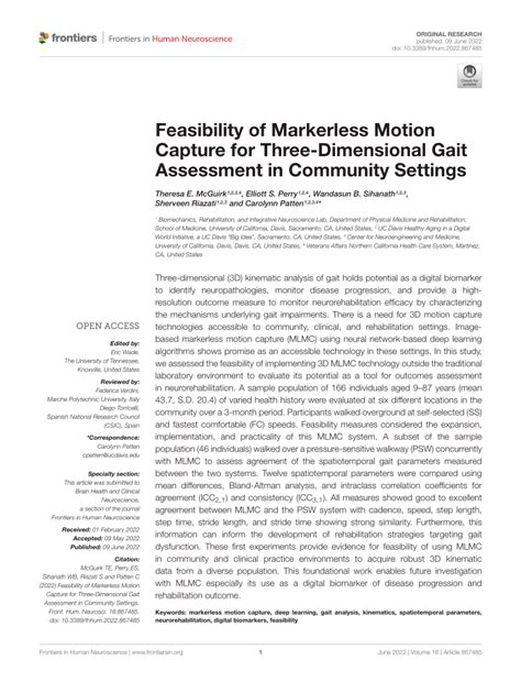 Pdf Feasibility Of Markerless Motion Capture For Three Dimensional Gait Assessment In