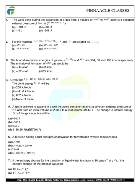 Worksheet Thermodynamics Pdf Enthalpy Entropy