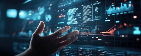 Hand Interacting With Futuristic Holographic Digital Interface Displaying Financial Data And