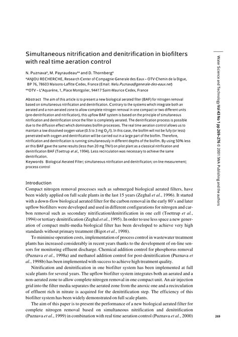Pdf Simultaneous Nitrification And Denitrification In Biofilters With Real Time Control