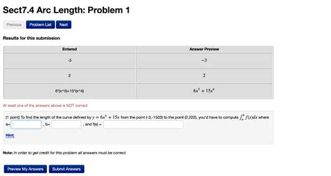 Solved Sect Arc Length Problem Problem List Previous Chegg Com