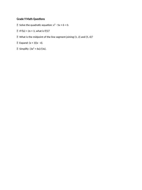 Grade 9 Math Questions Pdf