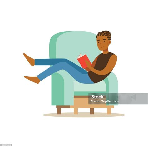 밝은 파란 안락의 자에 앉아서 책을 읽는 사람 남자 집에서 쉬고 벡터 일러스트 레이 션 개념에 대한 스톡 벡터 아트 및 기타 이미지 개념 검은색 남자 Istock