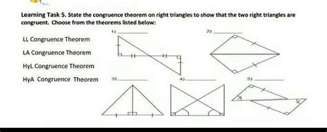 solved learning task 5 state the congruence theorem on right triangles to show that the two