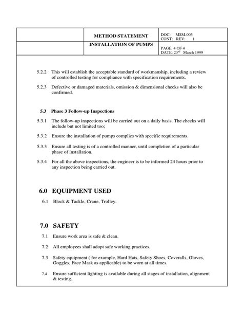 Method Statement Installation Of Pumps 6 0 Equipment Used Pdf