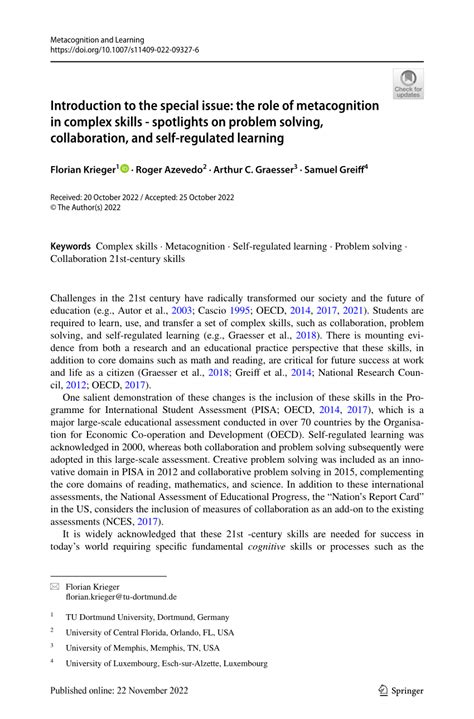 Pdf Introduction To The Special Issue The Role Of Metacognition In