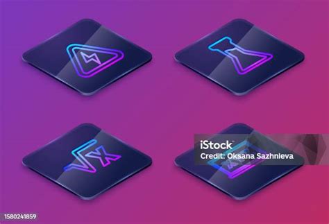 아이소메트릭 라인 고전압 X 글리프의 제곱근 시험관 및 플라스크 및 Xyz 좌표계를 설정합니다 파란색 사각형 버튼입니다 벡터 0