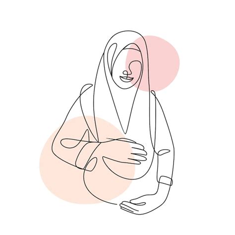연속 라인 아트 스타일의 임신한 이슬람 히잡 여성 프리미엄 벡터