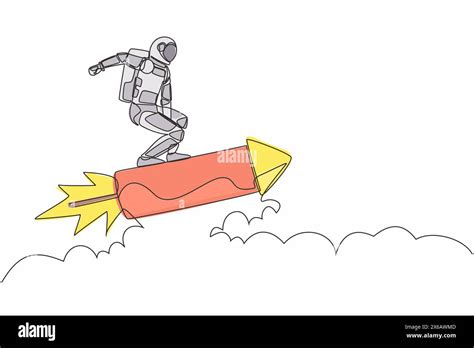 Single Continuous Line Drawing Young Astronaut Standing Astride Rocket And Flying Through The