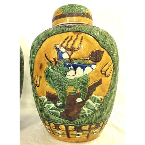 Mid Century Large Signed Chinese Sancai Ceramic Lidded Ginger Jars A Pair Chairish