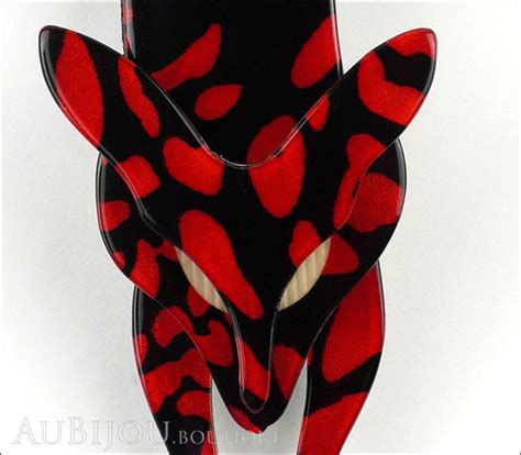 Lea Stein Fox Brooch Pin Red Black Abstract Aubijouboutique