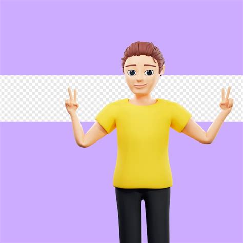 두 손가락을 들고 있는 남자의 라스터 일러스트레이션 노란색 티셔츠를 입은 젊은 남자가 인사 표지판을 보여줍니다 두 손은 좋은 오후 멋진 표지판 십대 제스처 언어 3d 렌더링
