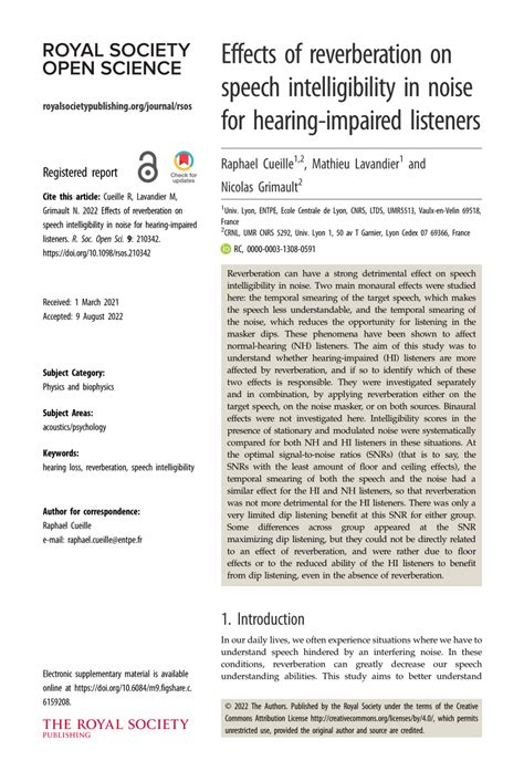 Pdf Effects Of Reverberation On Speech Intelligibility In Noise For