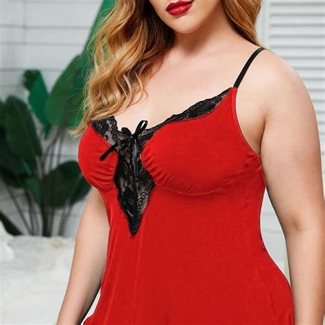 C351 Red Spaghetti Straps Lace Trim Plus Size Pajamas Set In 2024