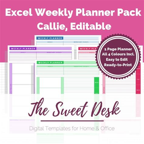 Printable Excel Weekly Planner Template Editable Planner With Etsy