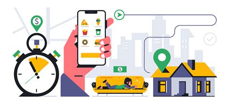 집에 온라인 음식 배달 서비스 모바일 애플리케이션을 통해 집에서 음식 배달을 주문합니다 메뉴 전화 손 스톱워치 거리 지도 경로 주소 소녀를 먹는다 벡터 일러스트레이션 상자에