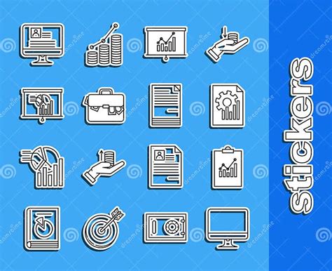 Set Line Computer Monitor Screen Clipboard With Graph Chart Document Board Briefcase And