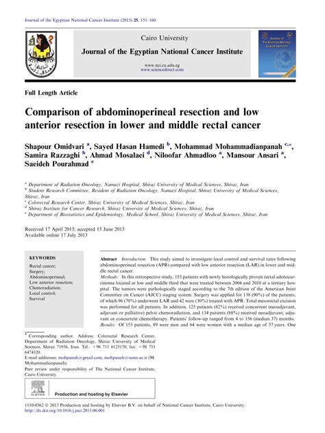 Pdf Comparison Of Abdominoperineal Resection And Low Anterior Resection In Lower And Middle