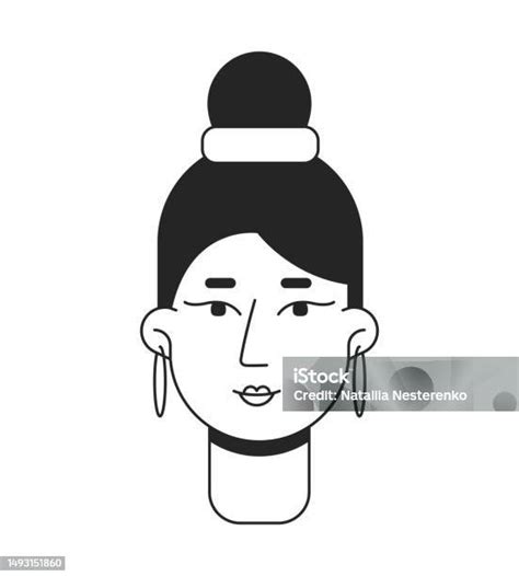 후프와 인도 스타일의 높은 롤빵 단색 플랫 선형 캐릭터 머리를 가진 정면 보기 여자 2차 도형에 대한 스톡 벡터 아트 및 기타