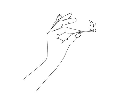불타는 성냥을 들고 있는 손의 연속 한 선 그리기 손 라인 아트 벡터 그림 편집 가능한 스트로크에 간단한 불타는 성냥 스틱