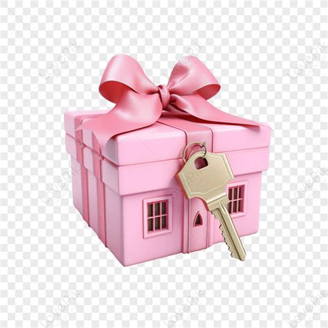 고립된 분홍색 선물 상자에 열쇠가 있는 3d 집집단가족 Png 일러스트 무료 다운로드 Lovepik