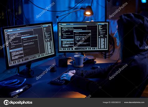 Cybercrime Hacking Technology Concept Female Hacker Dark Room Writing Code Stock Photo By Syda