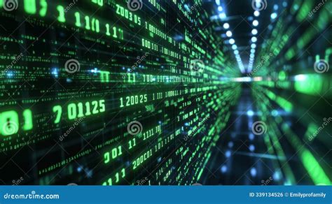 Digital Matrix Of Green Binary Code Flowing Through An Endless Corridor
