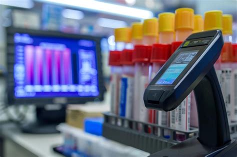 Bar Code Scanner And Test Tube Over Monitor Of Complete Blood Count