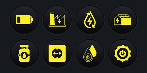 프로판 가스 탱크 태양 에너지 패널 전기 콘센트 물 원자력 발전소 전원 버튼 및 배터리 아이콘을 설정합니다 벡터 누름 버튼에 대한 스톡 벡터 아트 및 기타 이미지 Istock