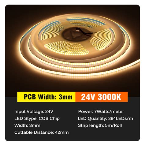 NEW Upgrade 5M COB LED Strip DC12V 24V 384led M 3mm 5mm Wide Flexible Light Strip White Warm
