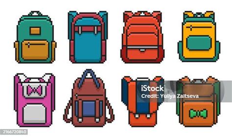 픽셀 아트 스쿨 백팩 세트 복고풍 스타일의 귀여운 게임 책가방 벡터 일러스트 레이 션 배낭에 대한 스톡 벡터 아트 및 기타 이미지 배낭 픽셀 아트 0명 Istock