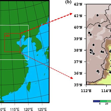 a domain of the wrf cmaq model and b location of environmental