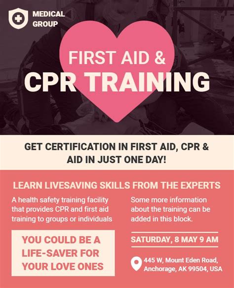 Heart-Themed Pink First Aid and CPR Training Flyer Template