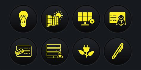 재무 문서 인증서 템플릿 고객 관리 서버 전기 절약 플러그 리프 태양 에너지 패널 태양 펜 및 전구 아이콘을 설정합니다 벡터 0