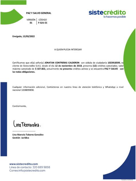 Paz Y Salvo Sistecredito Pdf