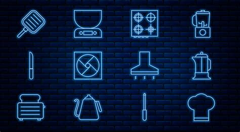 세트 라인 요리사 모자 프렌치 프레스 가스 렌지 환기 칼 프라이팬 주방 추출기 팬 및 전자 저울 아이콘 벡터 가열장치에 대한