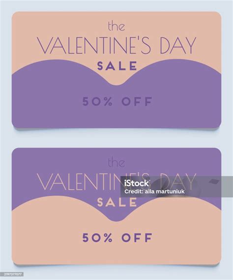 수평 발렌타인 데이 카드 선물 태그 인증서 할인 하트 전단지 세트 미니멀리스트 스타일 모형 보라색과 베이지 색의 고립 된 템플릿