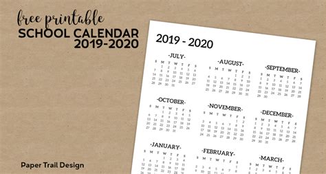 2019 2020 One Page School Calendar Printable Paper Trail Design