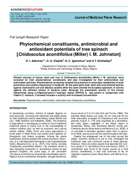 Pdf Phytochemical Constituents Antimicrobial And Antioxidant Potentials Of Tree Spinach