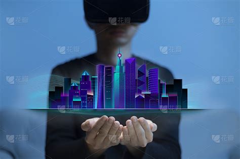 元宇宙虚拟现实，增强现实技术，手头的城市景观。男子戴vr眼镜