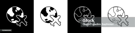 흑백 배경에 고립 된 비행 비행기 아이콘으로 글로브를 설정합니다 비행기는 지구 주위를 날아다 항공기 세계 아이콘 벡터 개념에