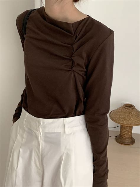 나이브실루엣 당일배송 샤티 꼬임 언발 셔링 드레이프 긴팔 티셔츠 4color